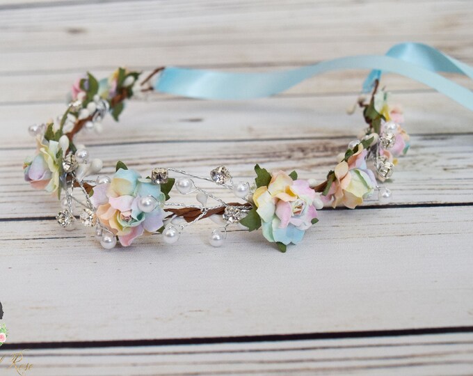Handcrafted Pastel Rainbow Flower Crown, Rhinestone Pearl Floral Crown ...