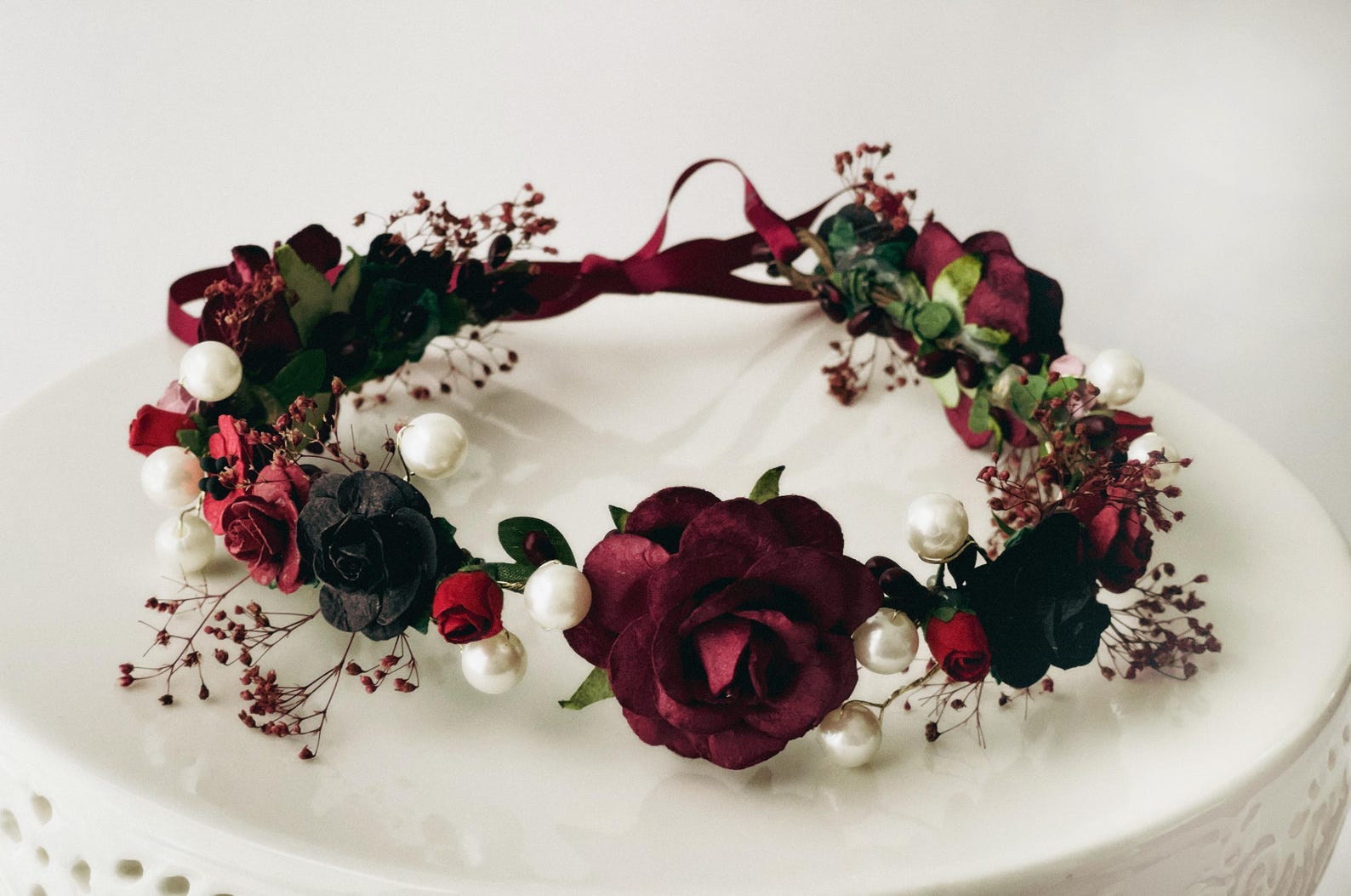 The Lilith Crown, Night Goddess Flower Headband, Black Burgundy Red ...
