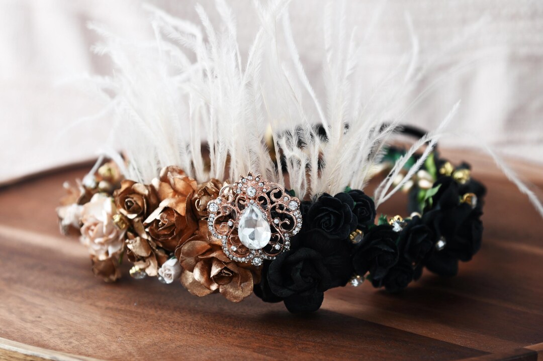 Rise of the Phoenix Crown, Black and Gold Goddess Flower Crown ...