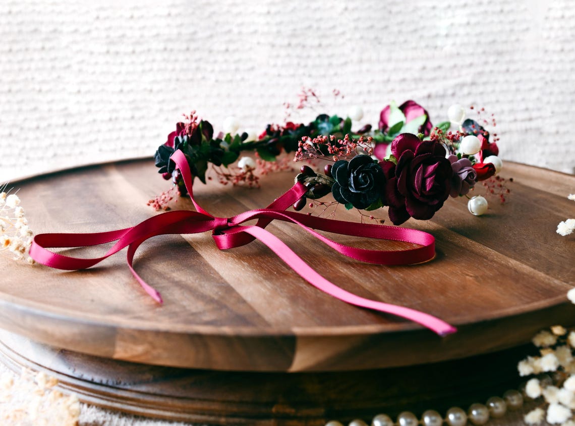 The Lilith Crown, Night Goddess Flower Headband, Black Burgundy Red ...