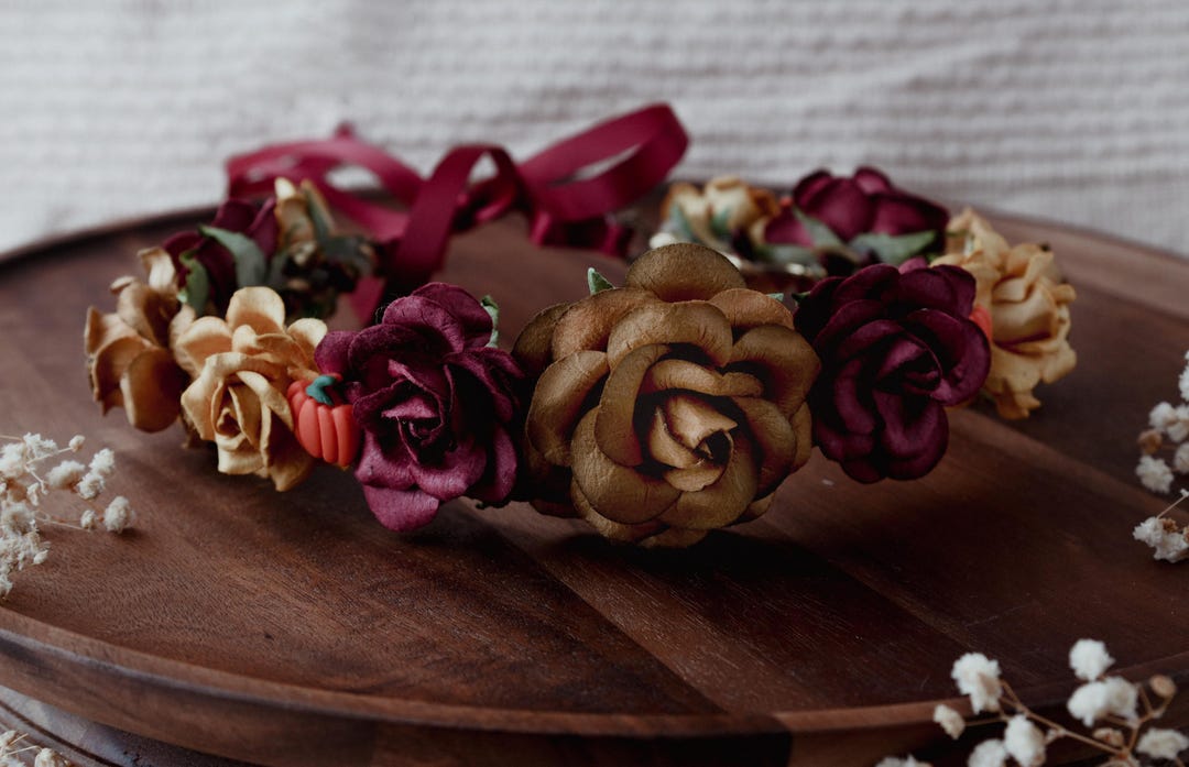 Handmade Autumn Harvest Flower Crown, Burgundy Honey Copper Fall Rose ...