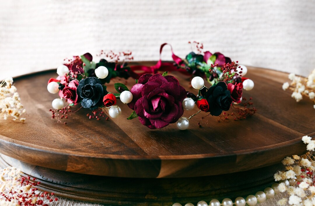 The Lilith Crown, Night Goddess Flower Headband, Black Burgundy Red ...