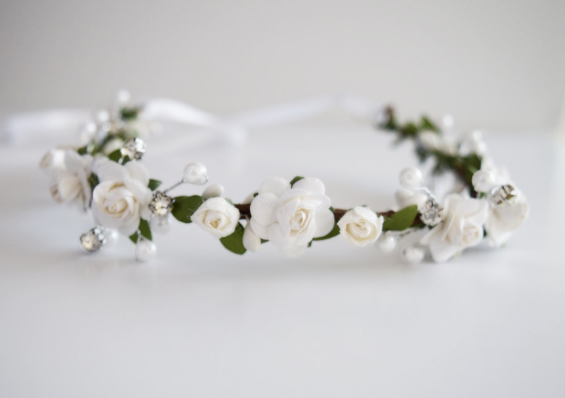 Handcrafted Small White Pearl Rose Flower Crown, Floral Wedding Hair ...