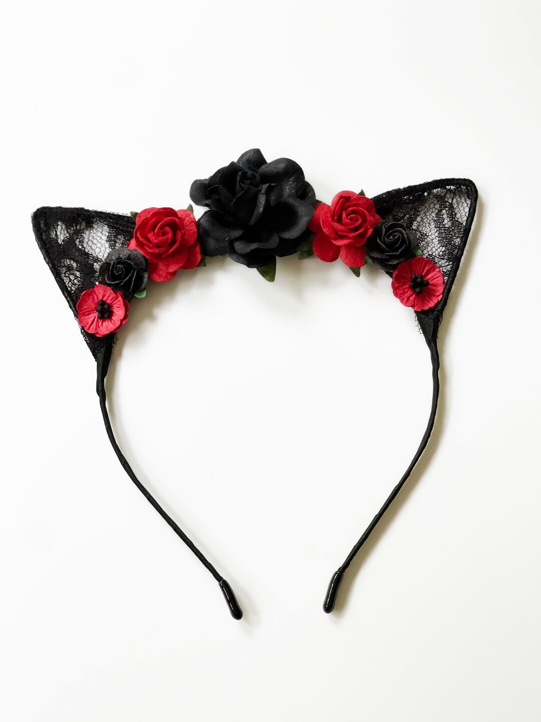 Handcrafted Red and Black Cat Ears Headband, Gothic Floral Crown Cat ...