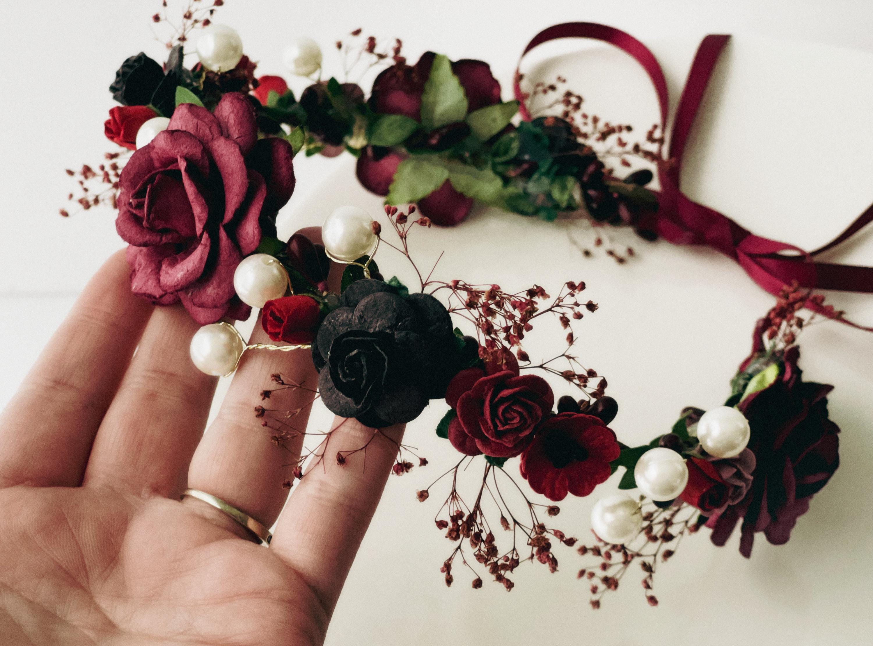 The Lilith Crown, Night Goddess Flower Headband, Black Burgundy Red ...