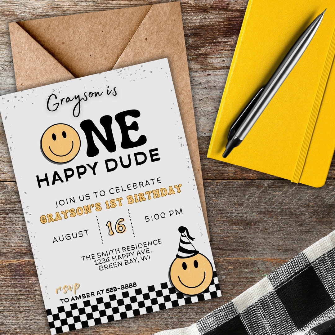 Editable One Happy Dude Birthday Invitation - Digital Invite - Smiley ...