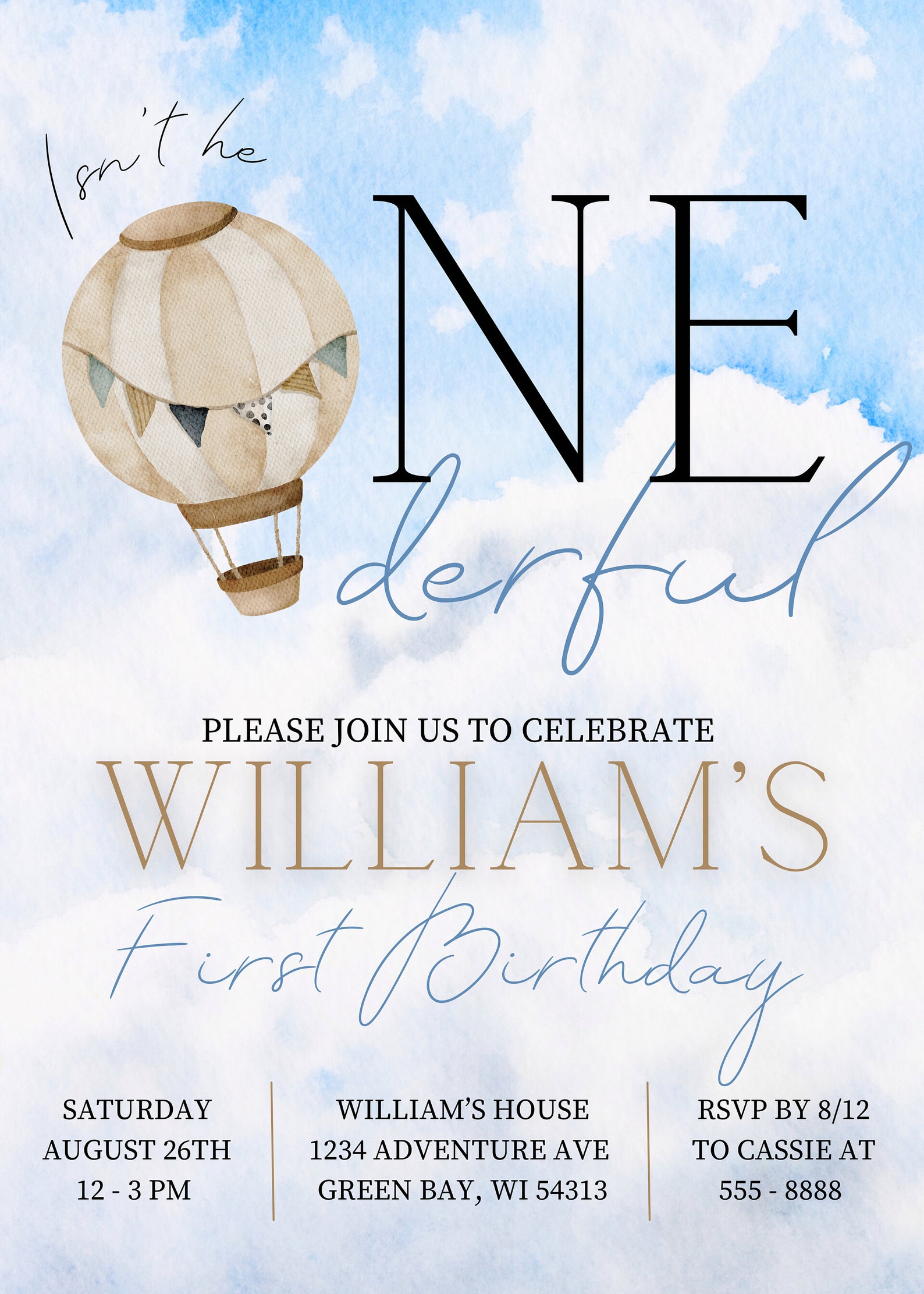 Editable One-derful First Birthday Invitation Digital Invite - Etsy
