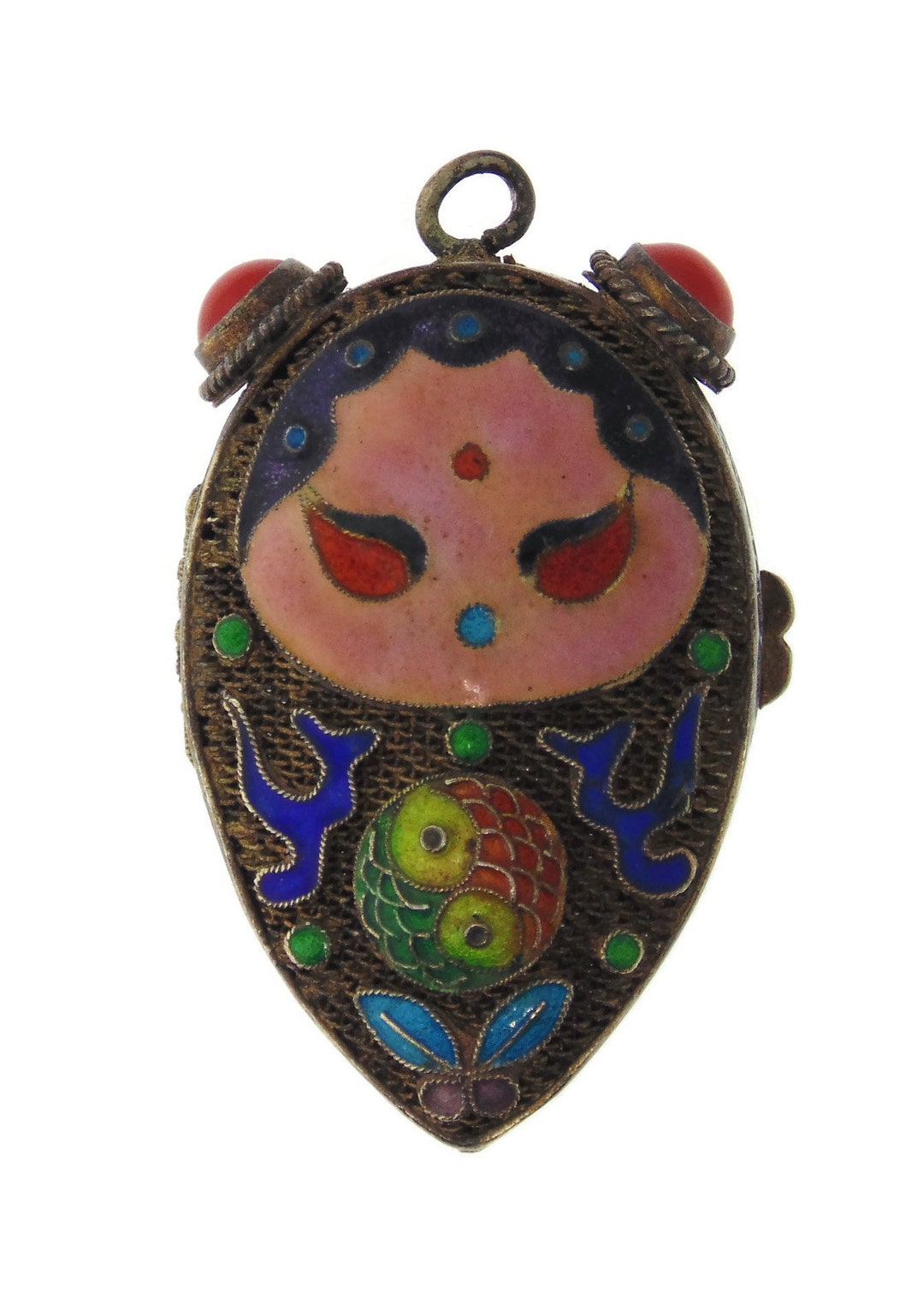 Vintage Chinese Sterling Silver Enamel Locket Pendant: Girl Face Yin ...