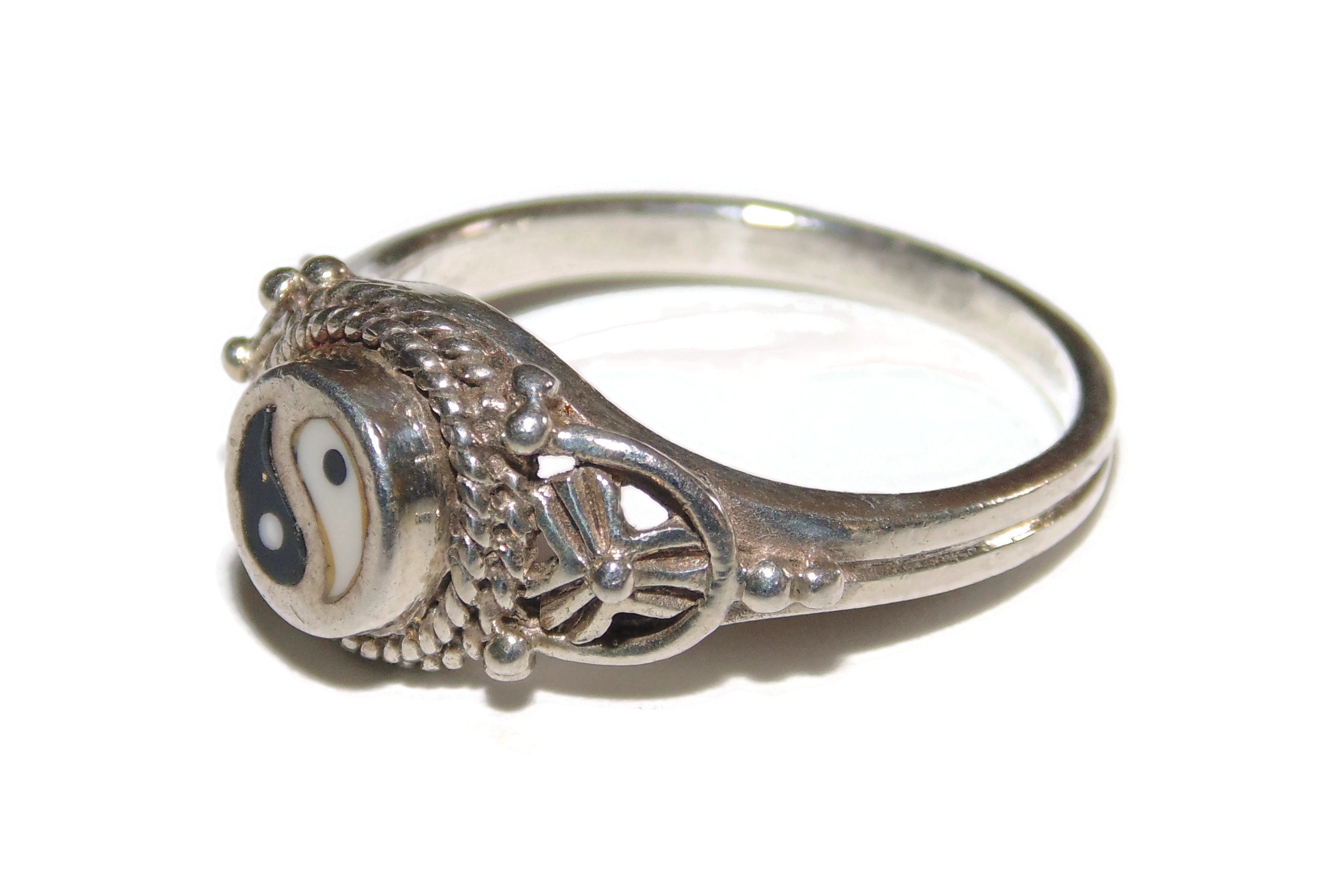 Yin Yang Ring Vintage Estate Sterling Silver Black White Tao Ornate Pinkie Pinky US Size 8 Jewelry Jewellery Birthday Gift For Her