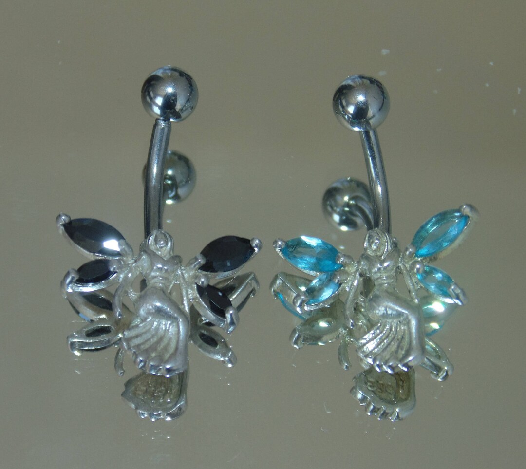 New Surgical Steel Naval Piercing Bar Sterling Silver Fairy Wings ...