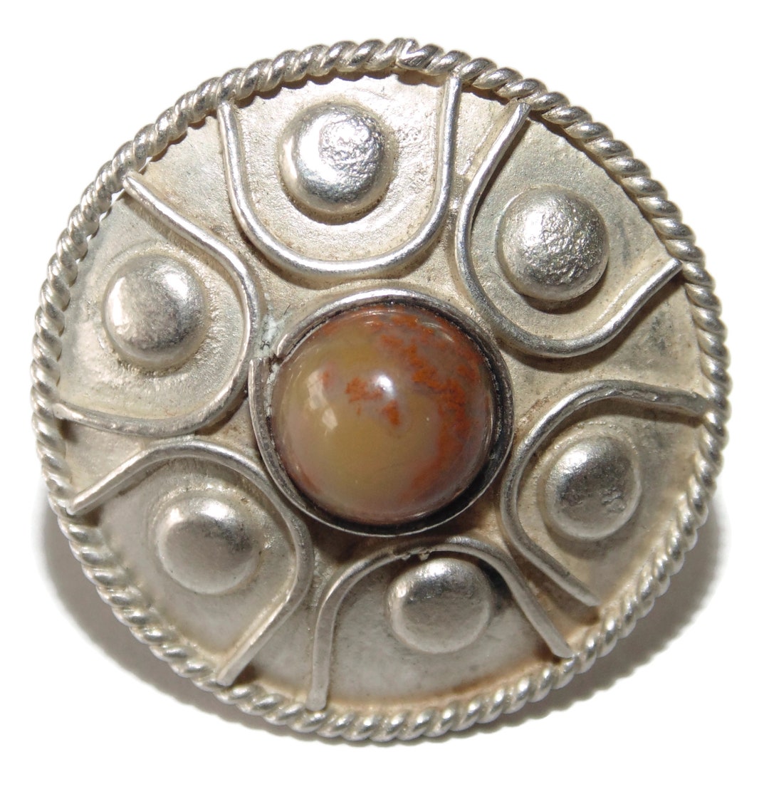 925 Antique Vintage Estate Sterling Silver Ring Disk Large Front Jasper ...