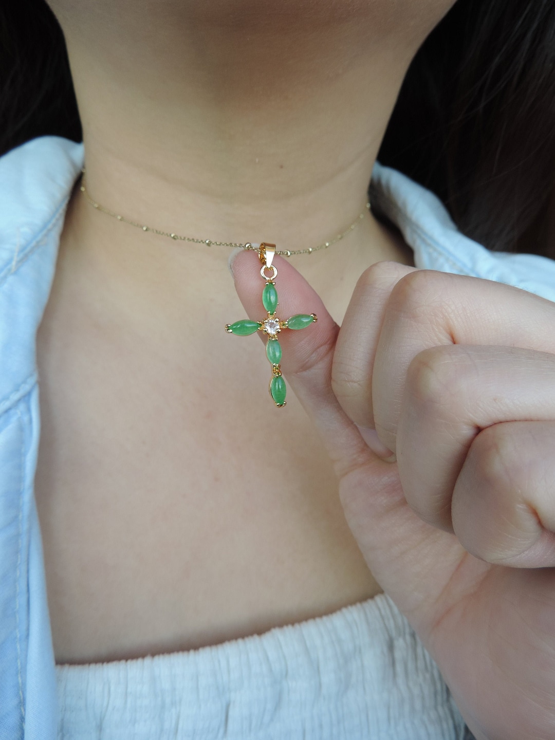 Chinese Green Jade Cross Necklace • Dainty Green Jade Cross With Silver ...