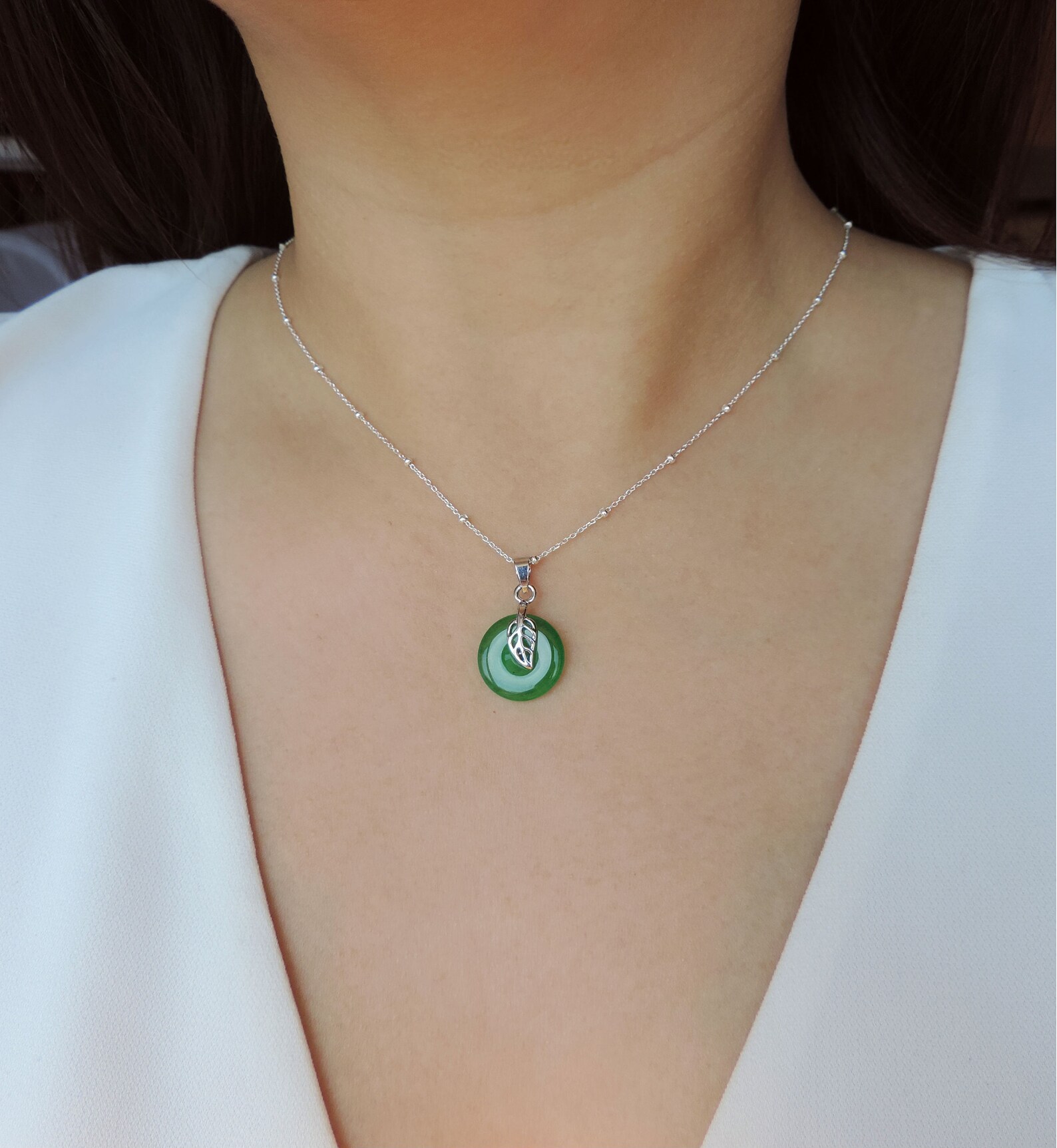 Chinese Jade Circle Halo With Leaf Necklace Dainty Silver or - Etsy