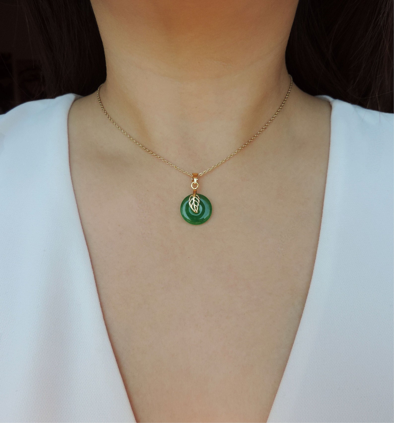 Chinese Jade Circle Halo With Leaf Necklace Dainty Silver or - Etsy