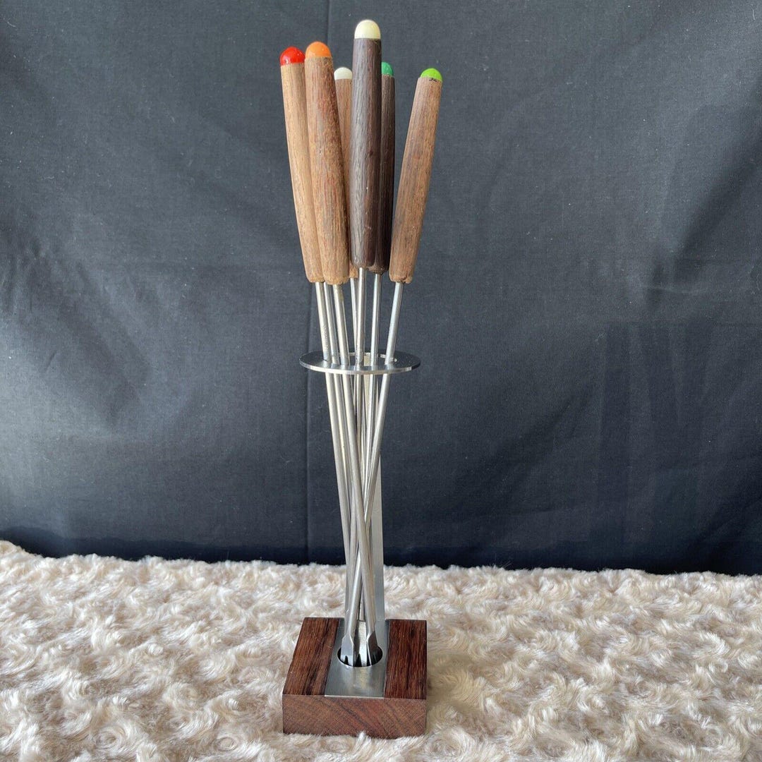 Vintage Fondue Smore Forks Stainless Steel With Wood Handle & Stand Set ...