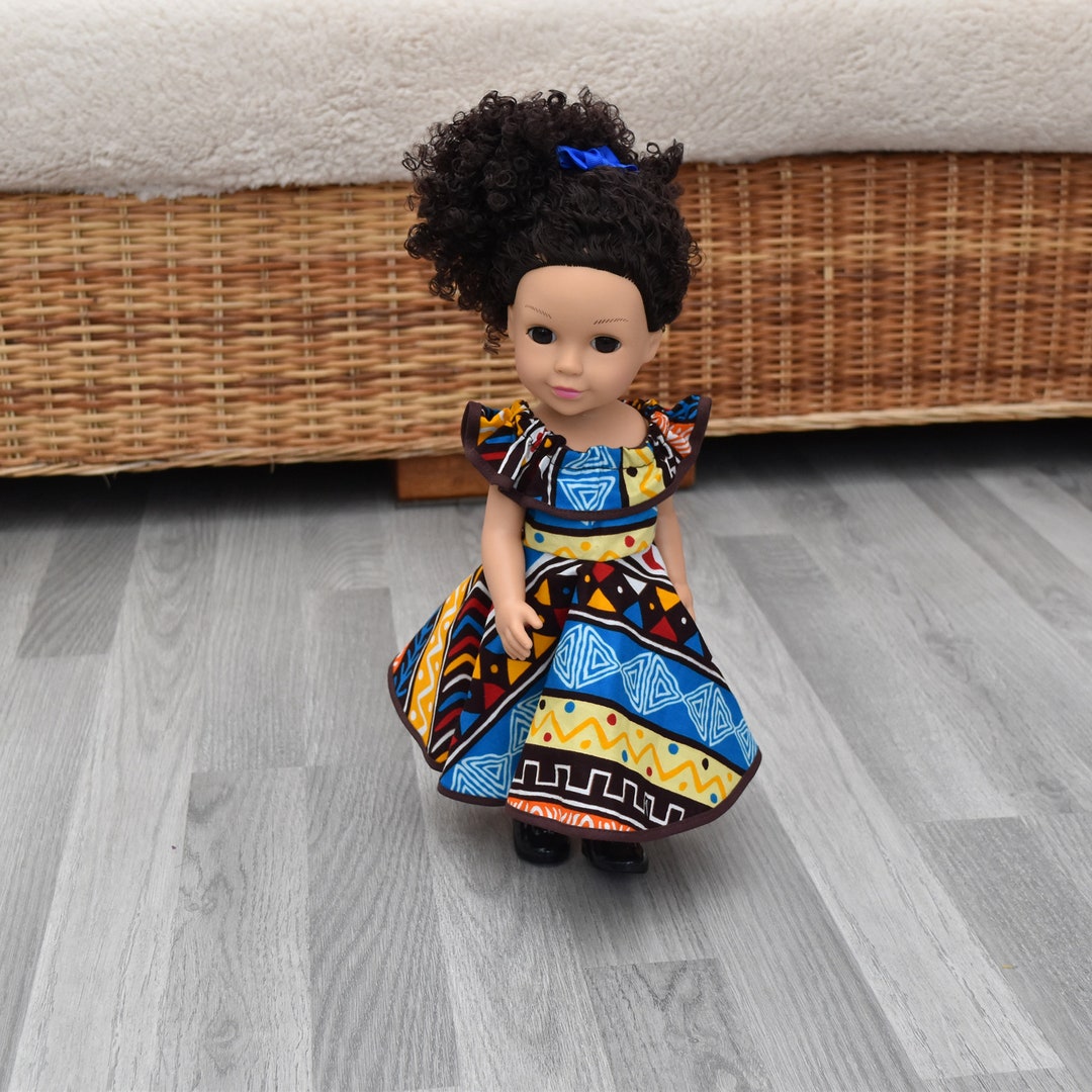 Black Doll in African Print Dress - Black Curly Hair Doll - African ...