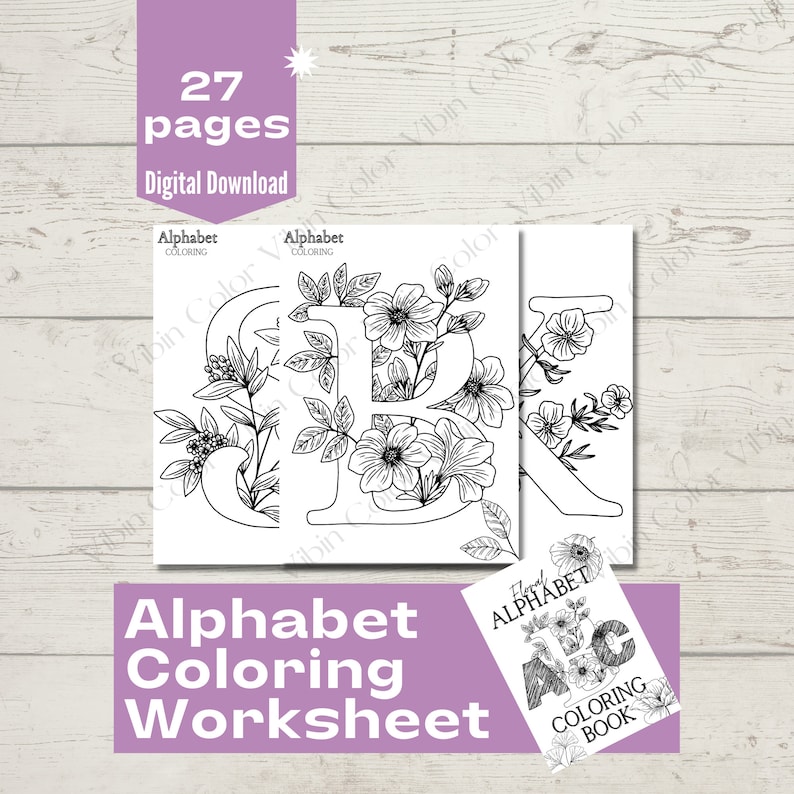 Floral Alphabet Coloring Worksheets - Etsy