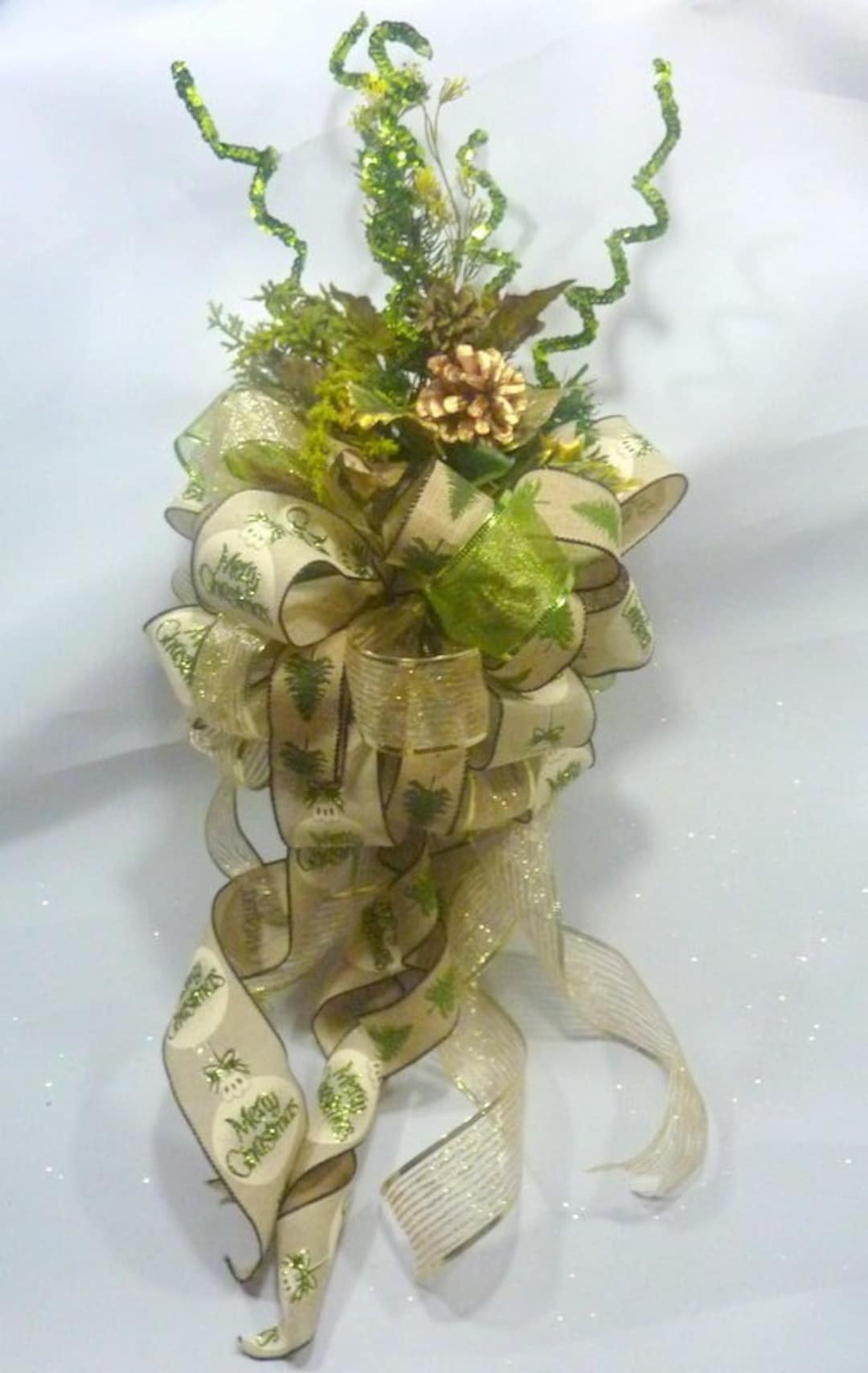 Green and Gold Ribbon Tree Topper, Bow Christmas Tree Topper - Etsy