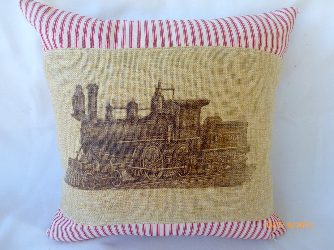 Train Pillow Covers, French Ticking and Burlap Train Pillows, Boys Room ...
