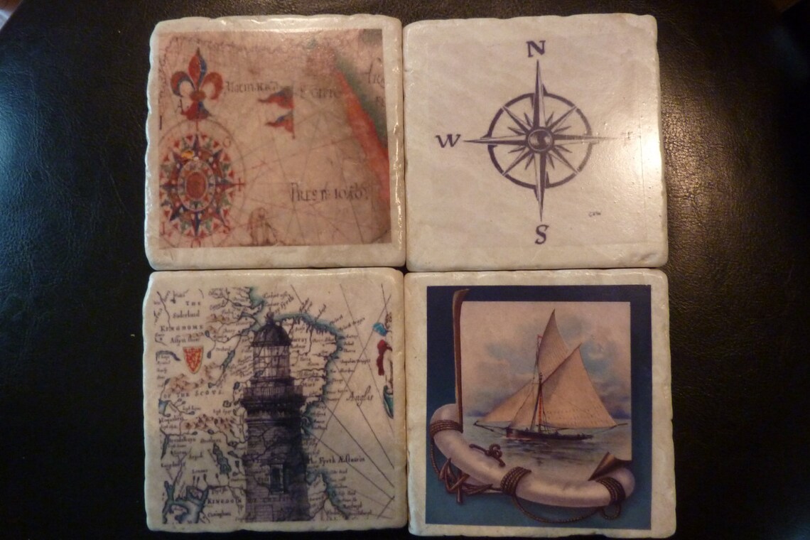 Nautical Coasters Set of 4 Marble Coasters Stone Coasters - Etsy