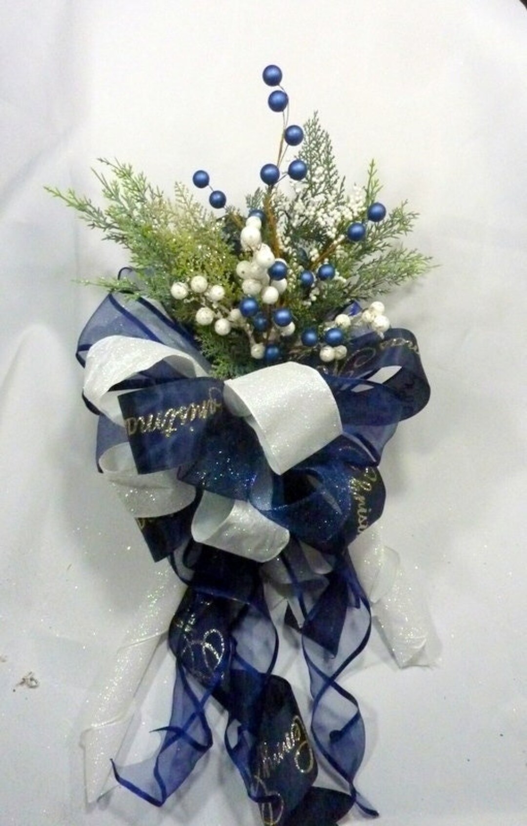 Ribbon Tree Topper in Navy and White, Large Bow Tree Topper - Etsy