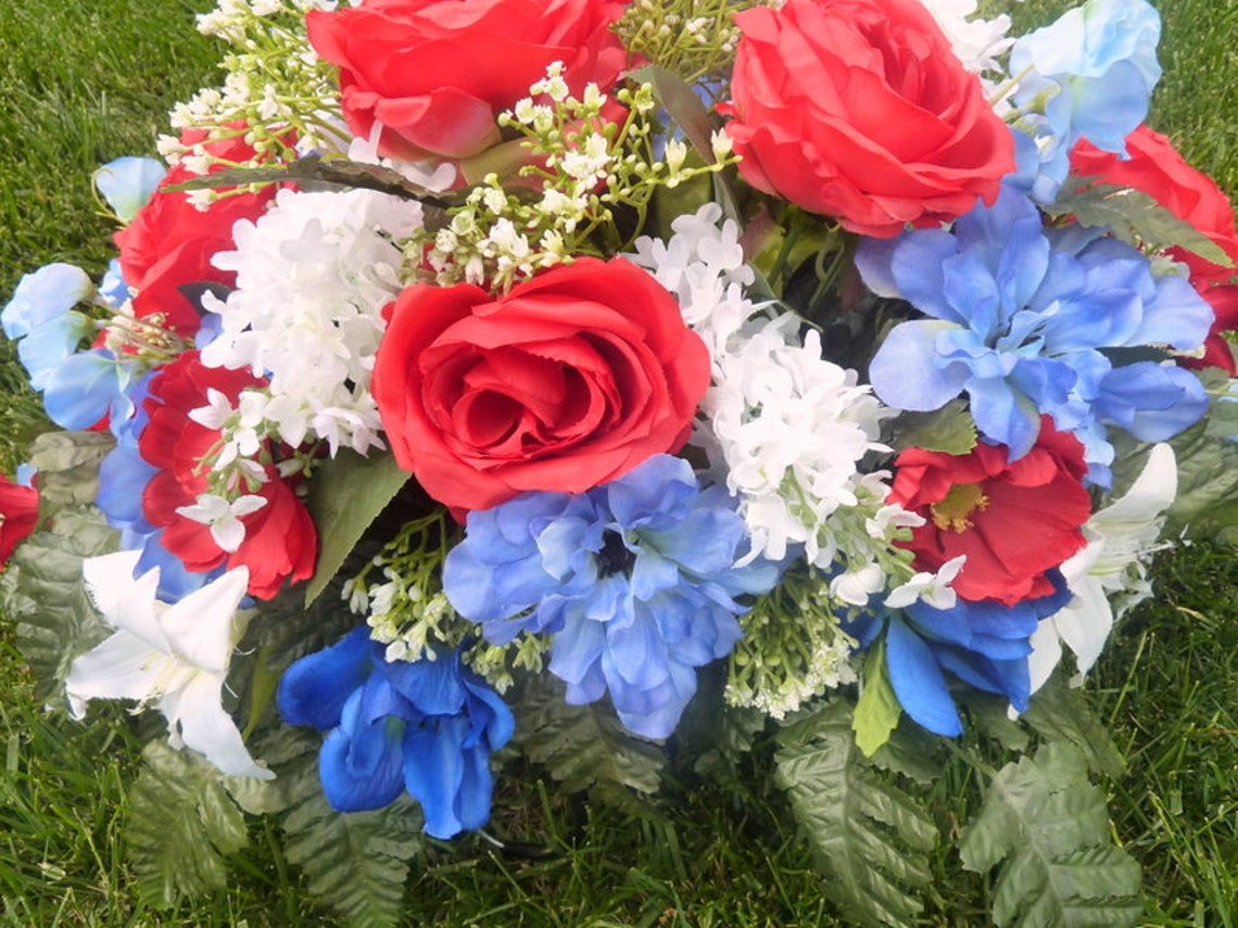 Military Headstone Spray Red White and Blue Cemetery Flowers - Etsy