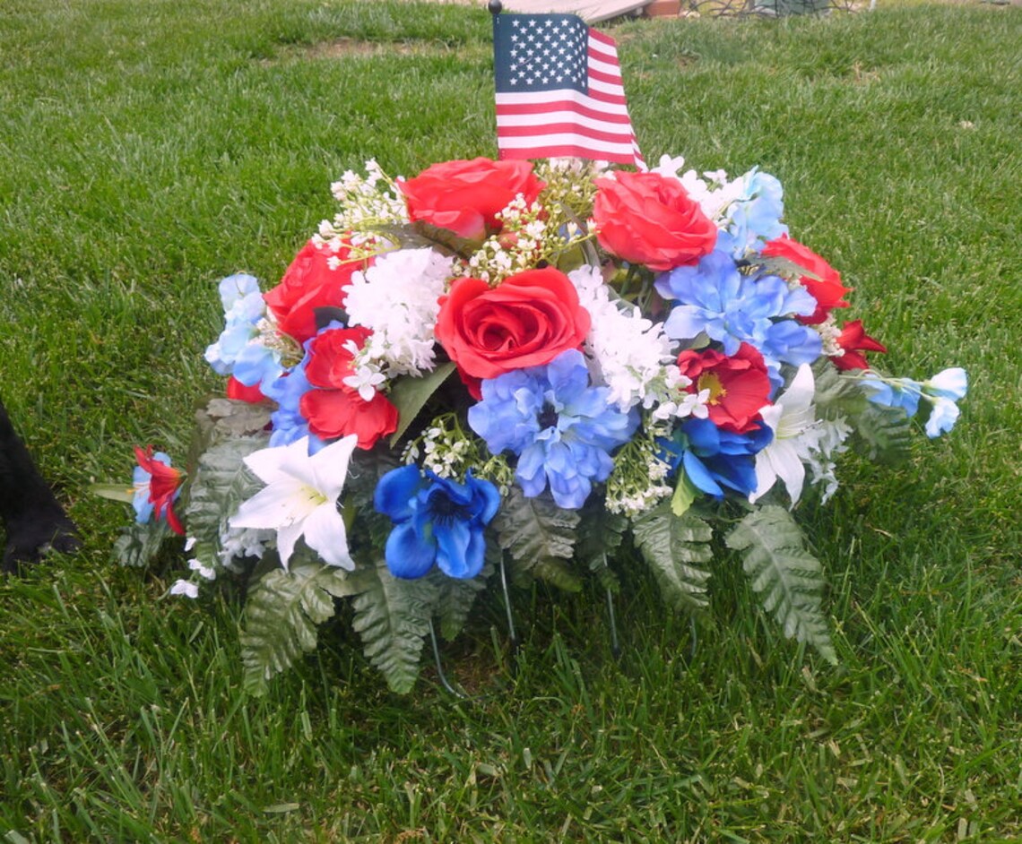 Military Headstone Spray Red White and Blue Cemetery Flowers | Etsy