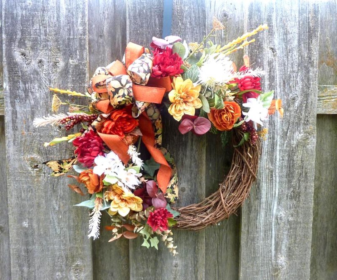 Fall Floral Wreath: Silk Mums, Dahlias, Peonies & Berries - Etsy
