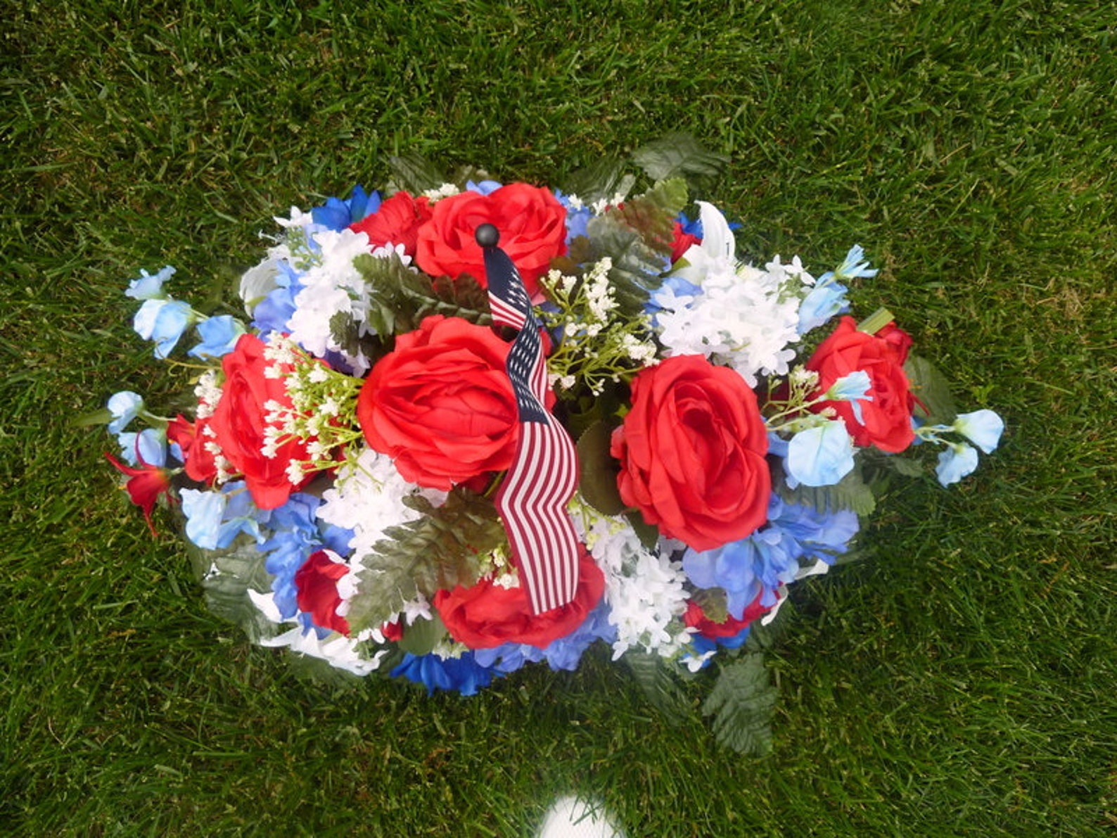 Military Headstone Spray Red White and Blue Cemetery Flowers | Etsy