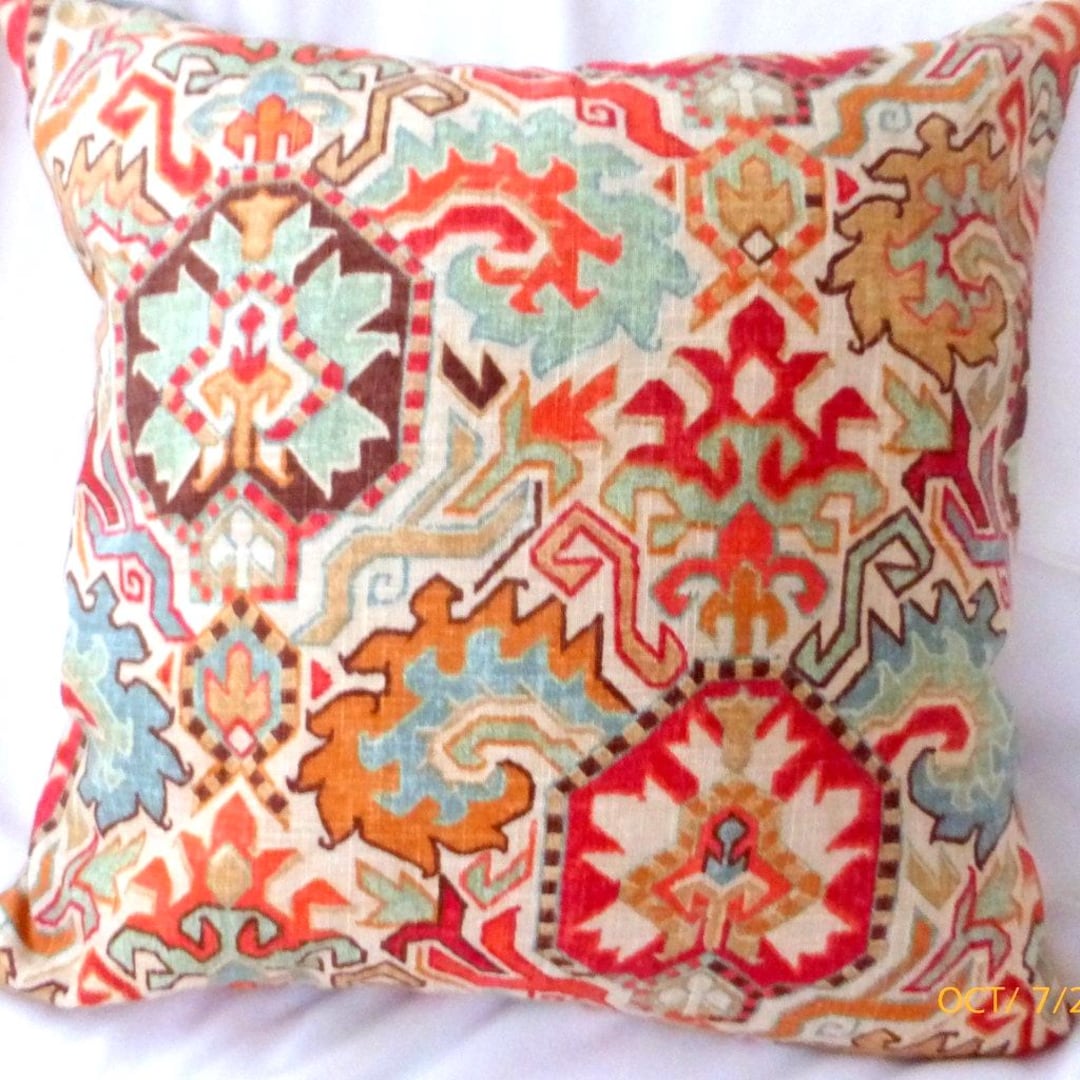 Rust, Orange, Gold and Brown Ikat Pillow Cover: Linen Blend Designer ...