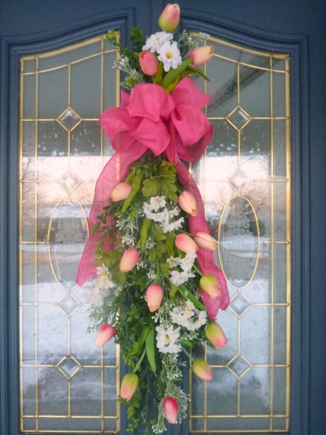 Real Touch Tulip Door Swag, Spring Swag in Pink and White, Easter ...