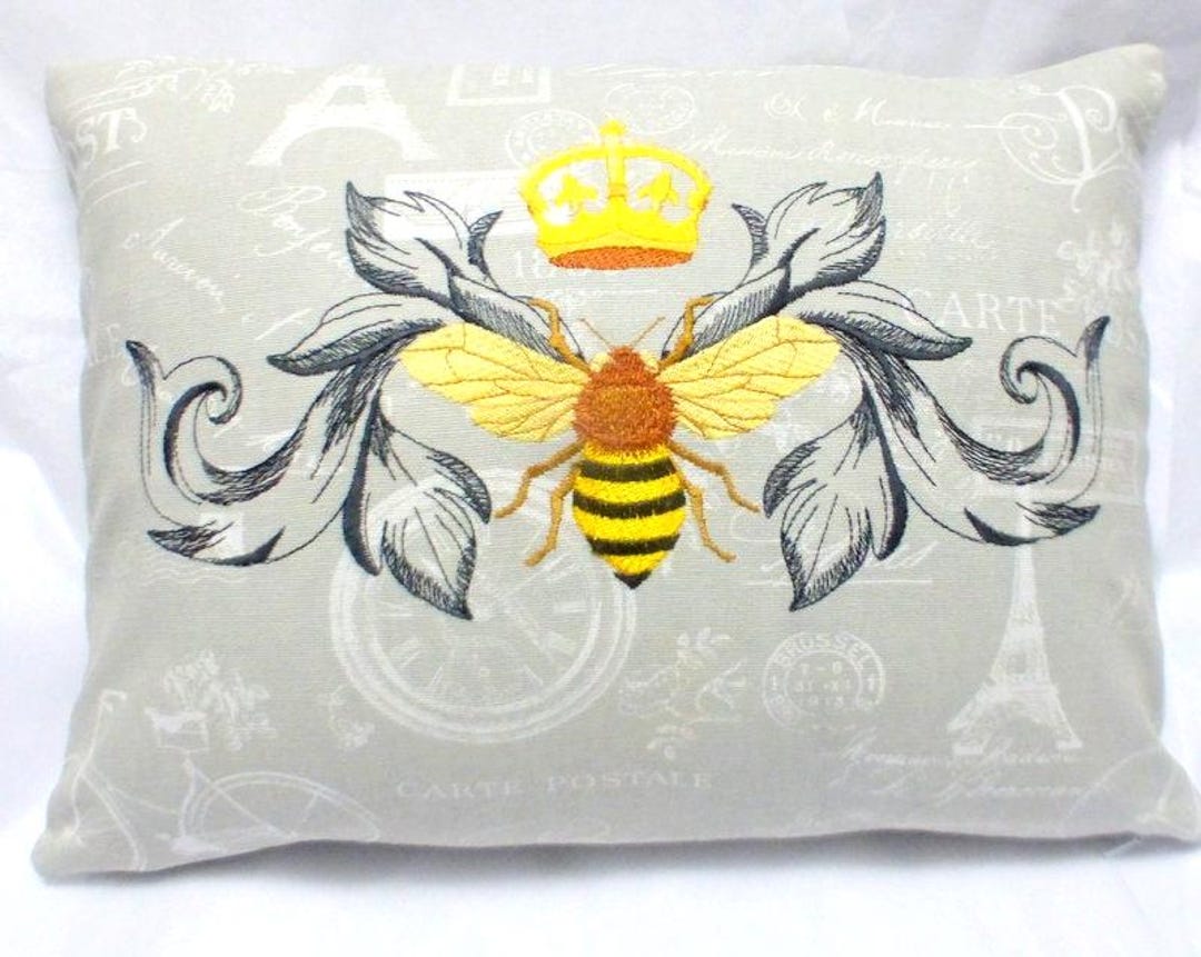 Queen Bee Pillow, Embroidered on Lite Gray Paris Print Fabric - Etsy