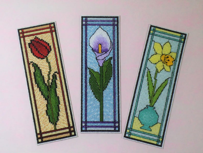 Stained Glass Flowers set of 3 Bookmark patterns Counted | Etsy