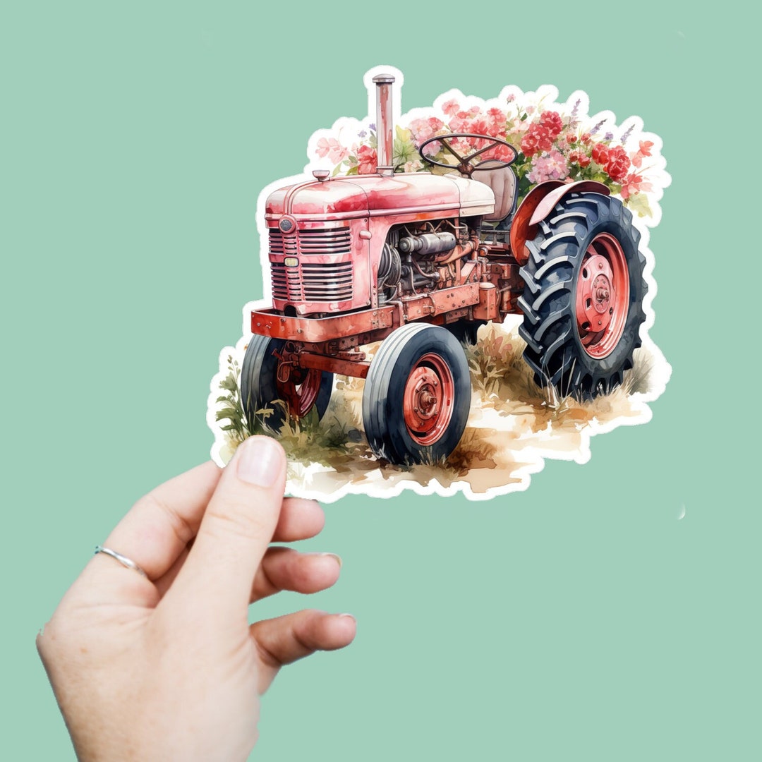 Watercolor Tractor Decal, Satin Finish Sticker, Boho Flowers Farm ...