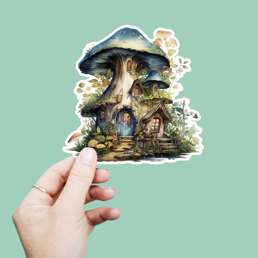 Watercolor Woodland Fairy Mushroom Cottage Decal, Satin Finish Sticker ...