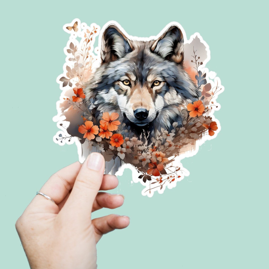 Watercolor Wolf Decal, Satin Finish Sticker, Boho Floral Grey Wolf ...