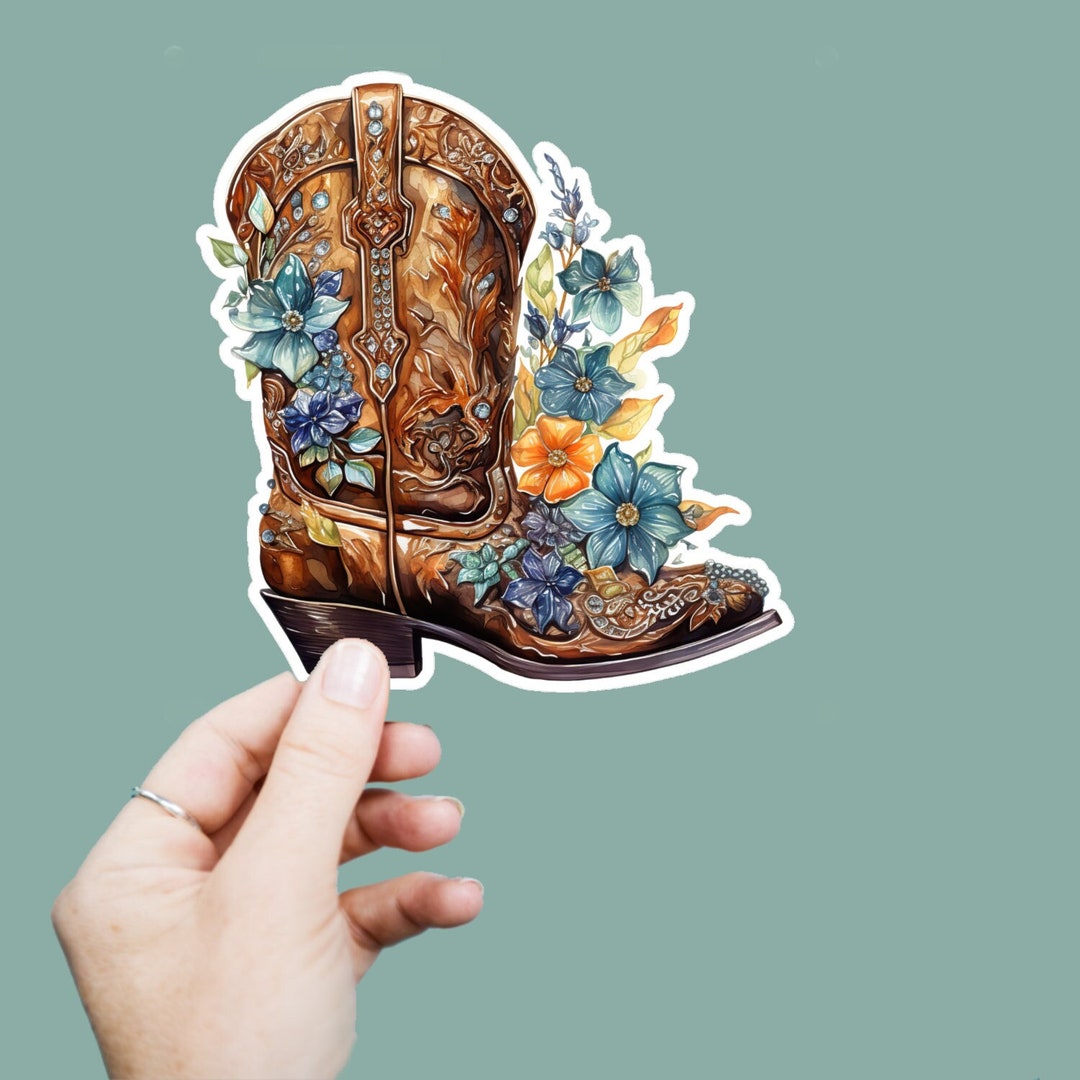 Watercolor Bejeweled Boot Vinyl Decal, Satin Finish Floral Cowboy Boot ...