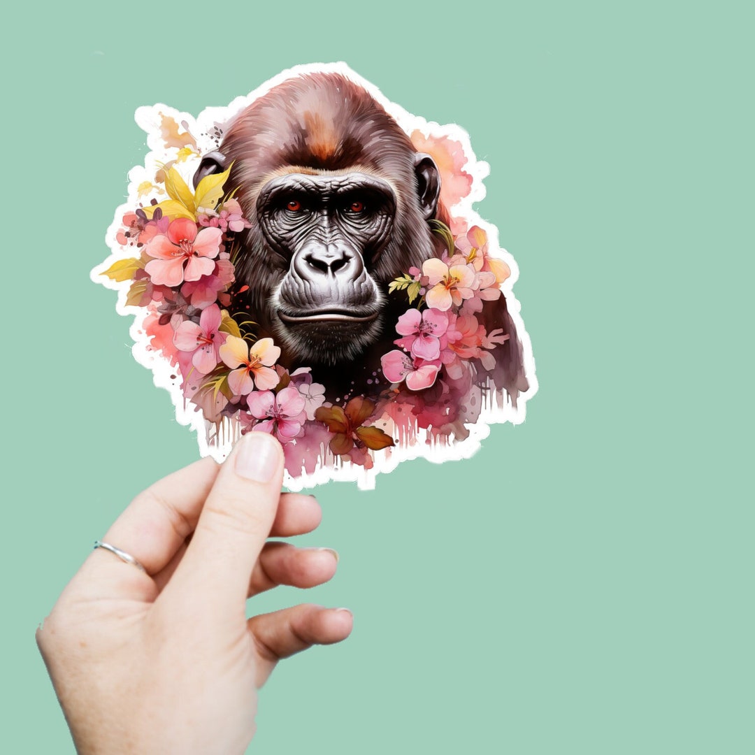 Watercolor Floral Ape Decal, Satin Finish Sticker, Boho Flowers Animal ...