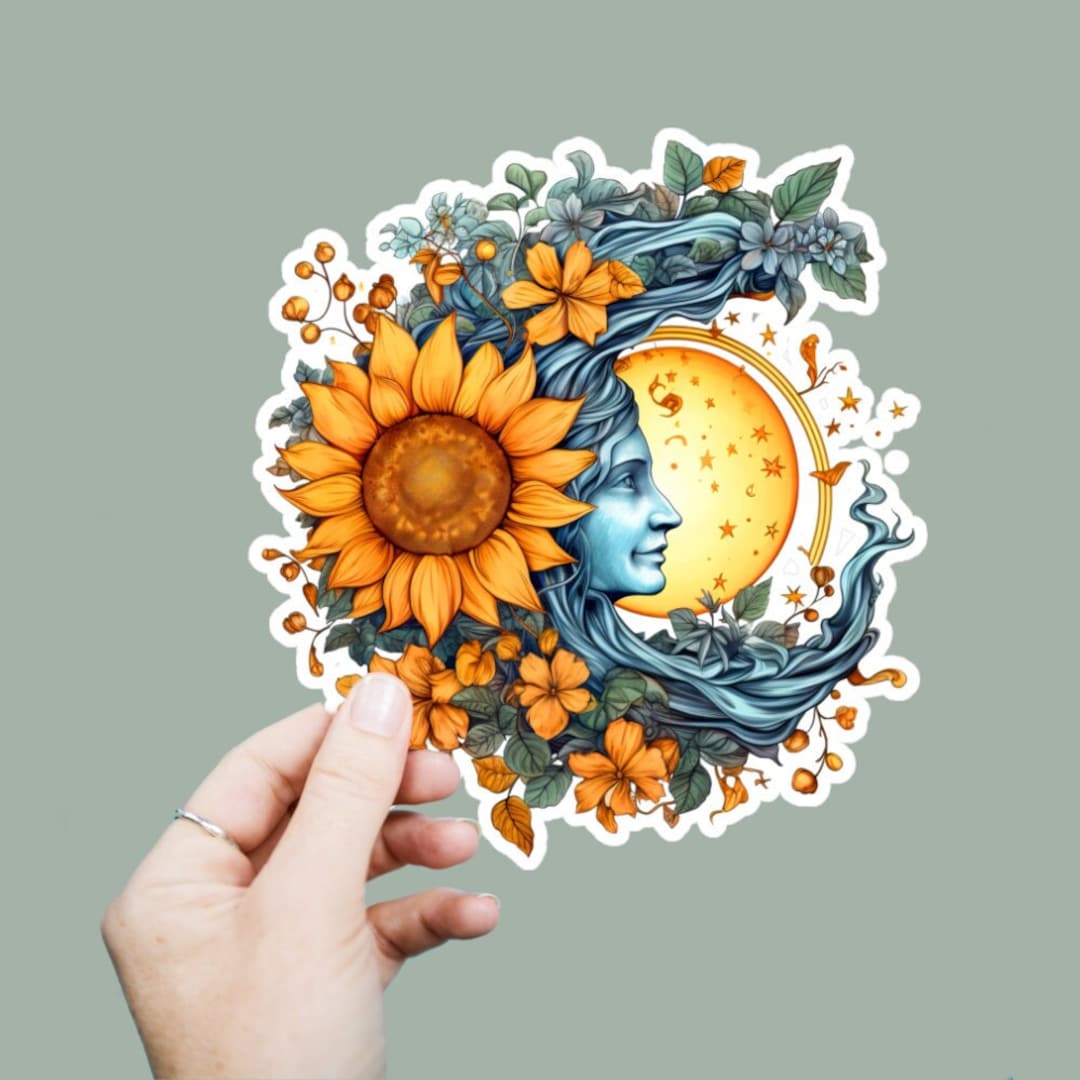 Celestial Vinyl Decal, Satin Finish Sticker, Sun Moon Flowers Laptop ...