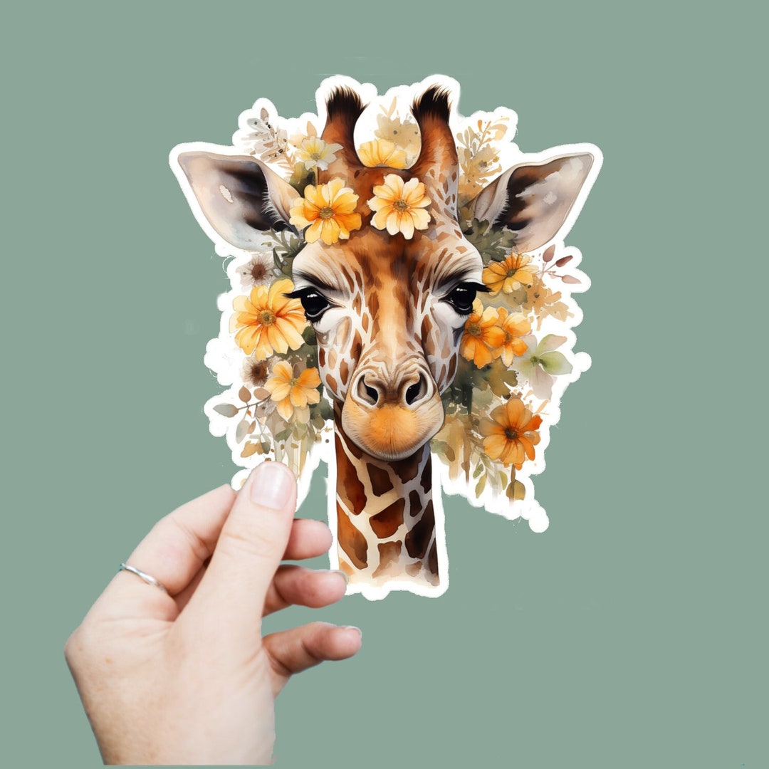 Watercolor Giraffe Decal, Satin Finish Sticker, Floral Animal Giraffe ...
