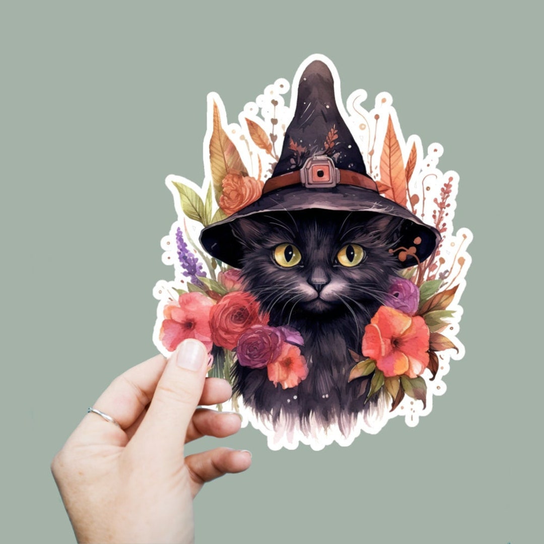 Witchy Black Cat Vinyl Decal, Satin Finish Sticker, Floral Black Cat ...