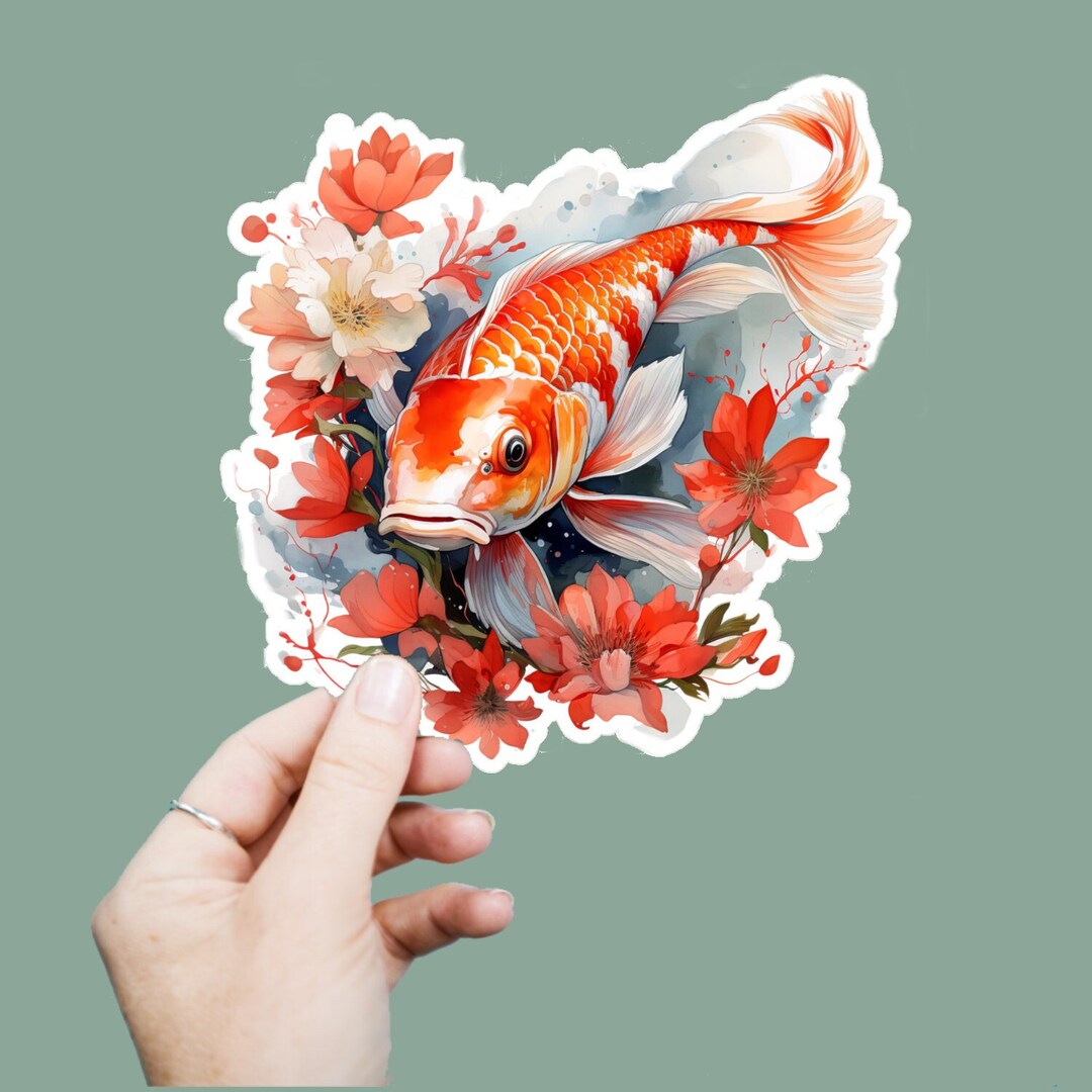 Watercolor Koi Fish Decal, Satin Finish Sticker, Floral Japanese Koi ...