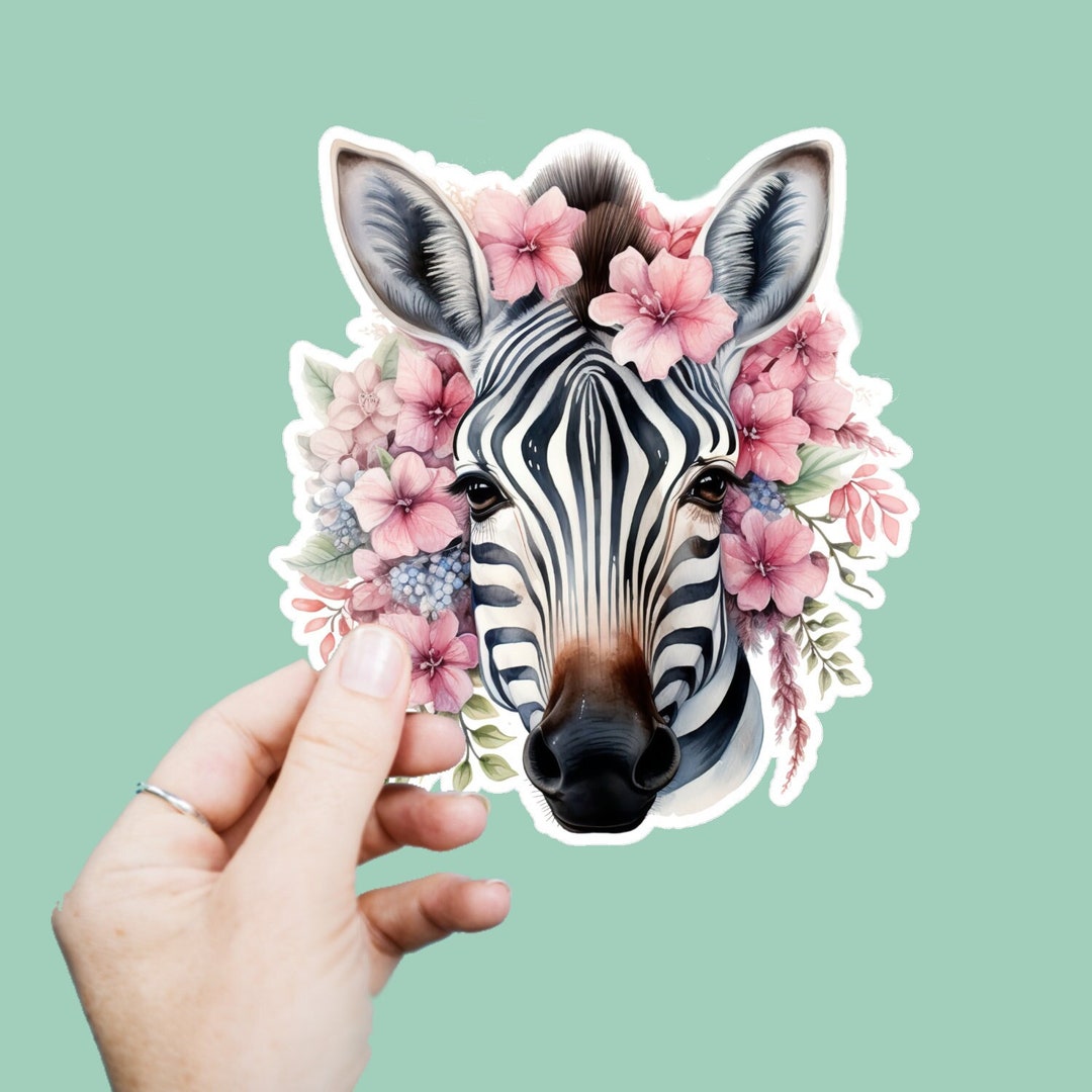 Watercolor Zebra Decal, Satin Finish Sticker, Boho Floral Animal Zebra ...