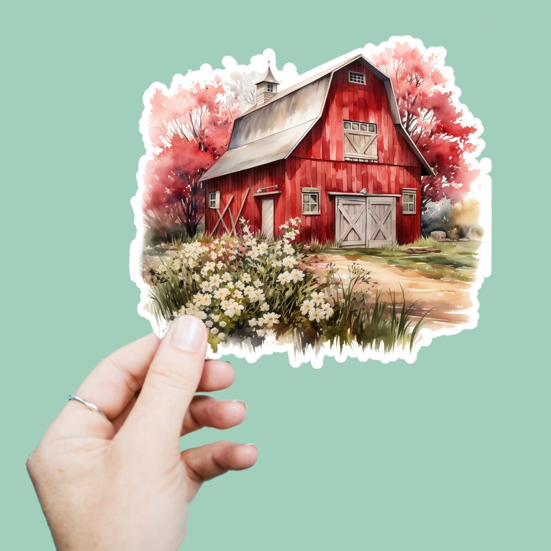 Watercolor Red Barn Decal, Satin Finish Sticker, Boho Autumn Barn ...