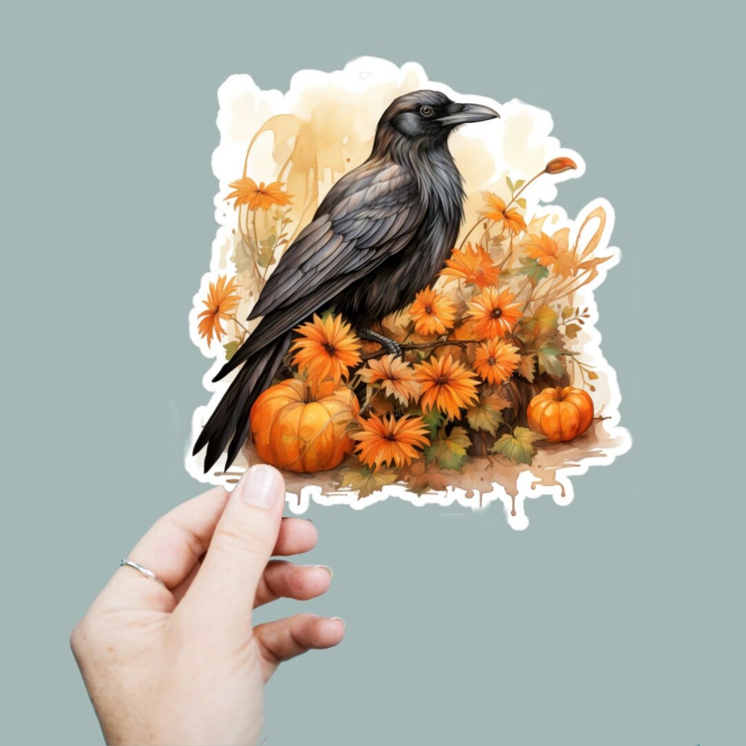 Watercolor Crow Harvest Pumpkins Decal, Satin Finish Sticker, Boho ...