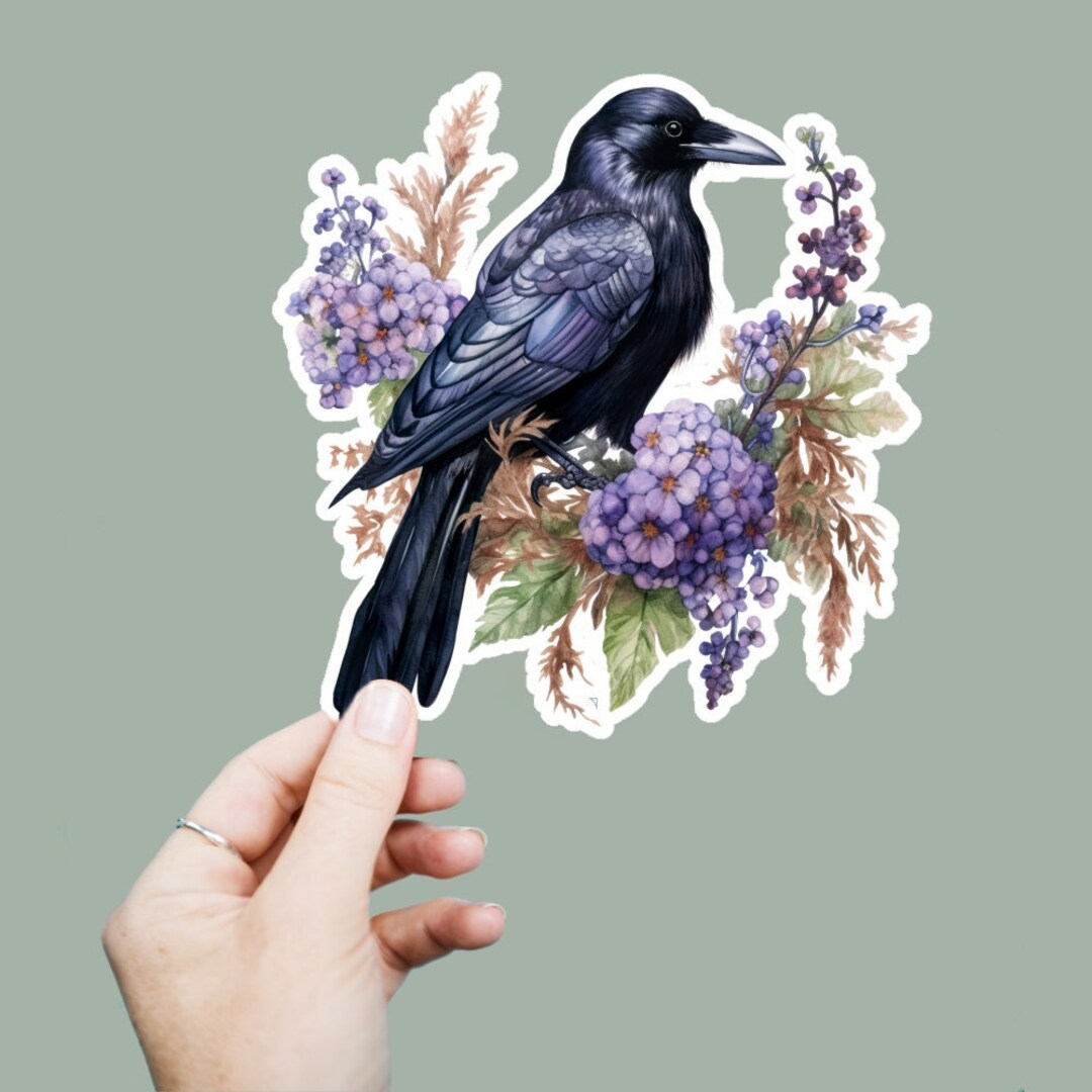 Witchy Raven Vinyl Decal, Satin Finish Sticker, Floral Black Raven Bird ...