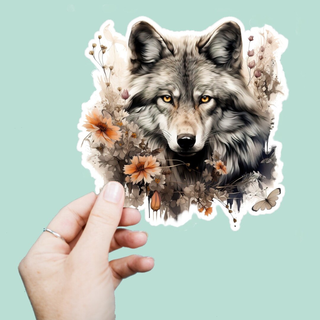 Watercolor Wolf Decal, Satin Finish Sticker, Boho Floral Grey Wolf ...