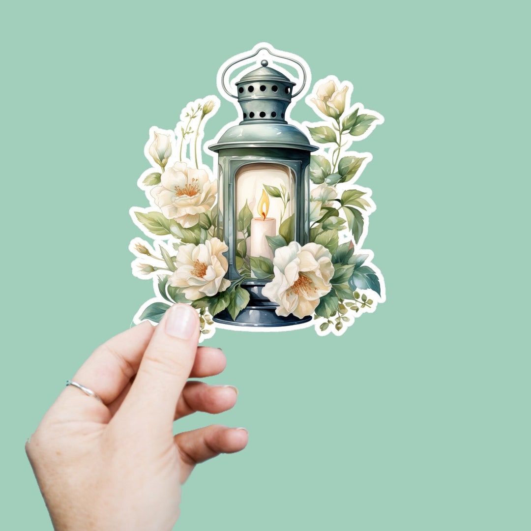 Watercolor Candle Lantern Decal, Satin Finish Sticker, Boho Floral ...