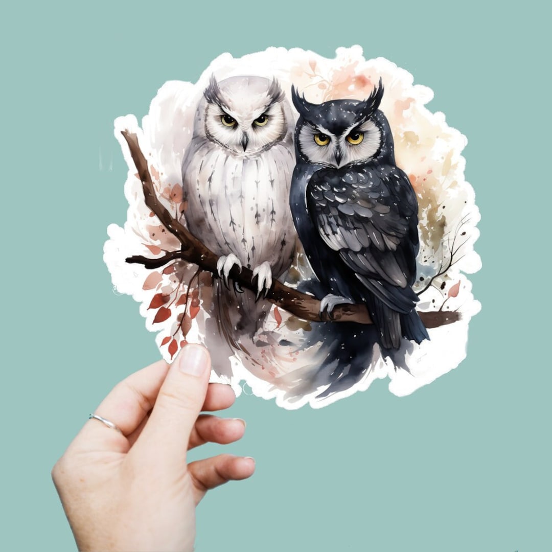 Watercolor Yin Yang Owls Vinyl Decal, Satin Finish Boho Black White ...
