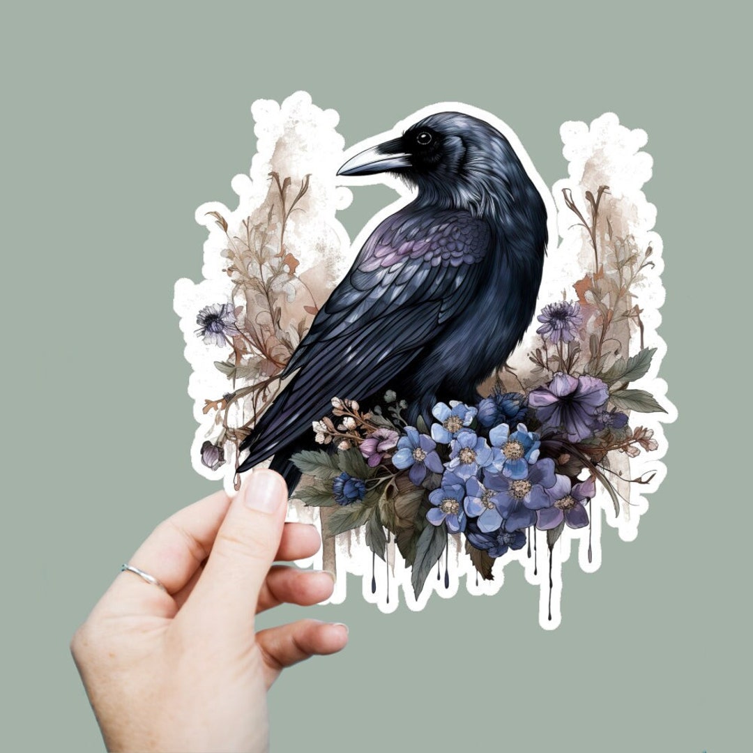 Witchy Raven Vinyl Decal, Satin Finish Sticker, Floral Black Raven ...